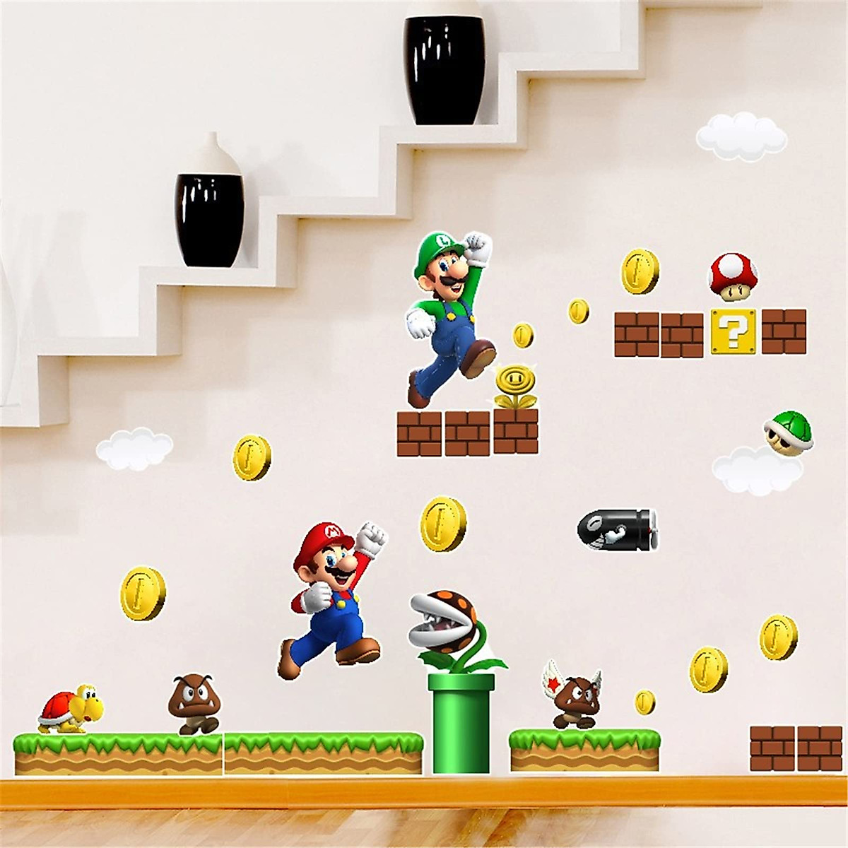 HEROPAR Mario Wall Stickers Cartoon Peel and Stick Game Wall Decals Removable for Boys Girls Kids Room Nursery Wall Mural Decor