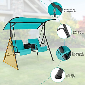 Tangkula 2 Person Porch Swing, Outdoor Swing with Pivot Storage Table, Cooler Bag, 2 Cup Holders, Removable Cushions, Patio Swing with Canopy for Backyard Balcony Poolside (Turquoise)