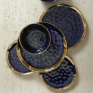 Stone Lain Porcelain 16 Piece Dinnerware Set, Service for 4, Blue and Golden Rim, Dark Blue