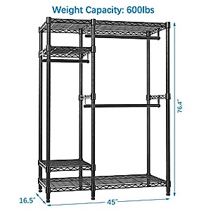 VIPEK V2 Garment Rack Metal Clothing Rack for Hanging Clothes, 4 Tiers Wire Shelving Clothes Rack with 3 Hanging Rods, Free Standing Closet Wardrobe, 45" Lx16.5 Wx76.4 H, Max Load 600LBS, Black