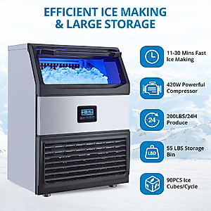 GarveeTech Commercial Ice Maker Machine, 200LB/24H Stainless Steel Under Counter Ice Maker with 55LBS Storage Capacity, 90 Ice Cubes Ready in 11-18Mins for Home, Bar, Restaurant, Outdoor Activities