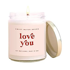 Sweet Water Decor, Love You Candle | Mahogany Teakwood Scented Soy Wax Candle for Home | Valentine's Day Gifts | 9oz Clear Jar with Pink + Red Label, 40 Hour Burn Time