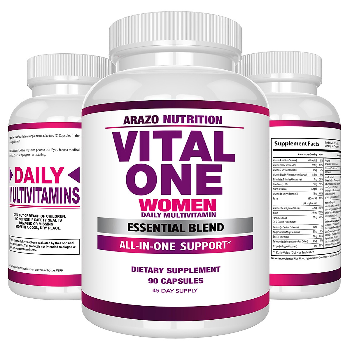 Arazo Nutrition Vital One Multivitamin for Women - Daily Wholefood Supplement - 90 Vegan Capsules