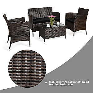 HAPPYGRILL 4 Pieces Patio Sofa Set Rattan Wicker Furniture Patio Conversation Set with Cushioned Sofa and Coffee Table for Outdoor Backyard Garden Poolside