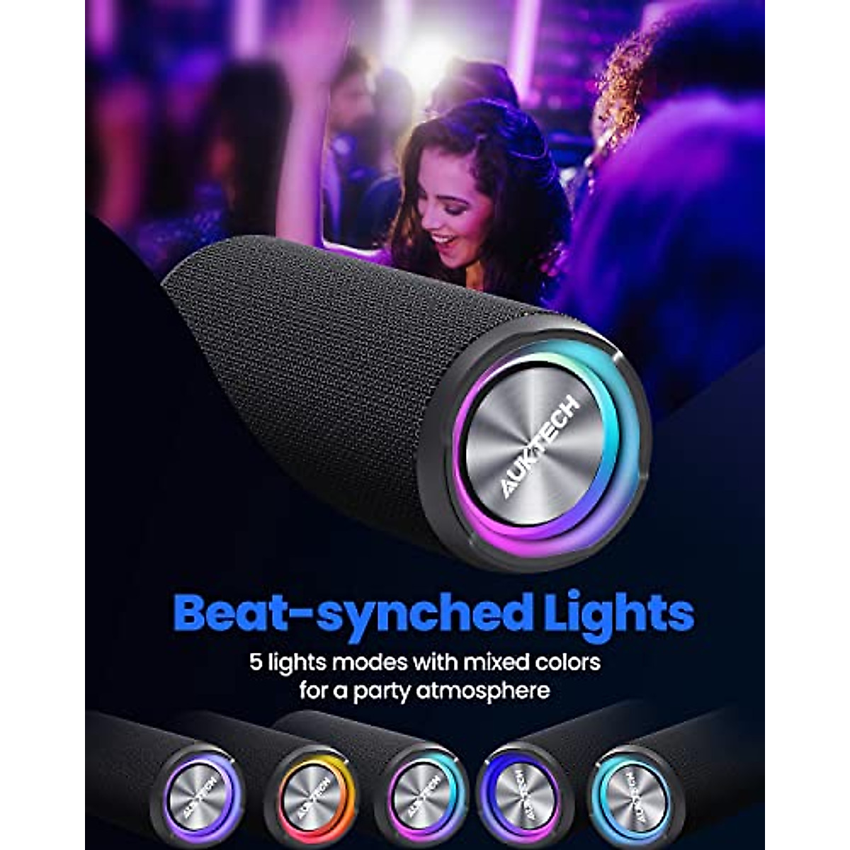AUKTECH Bluetooth Speakers - Portable Speakers Bluetooth Wireless(100ft), 24W Loud Stereo Sound, Led Lights, 20H Playtime, IPX7 Waterproof Speaker for Outdoor, Home, Party, Beach, Shower