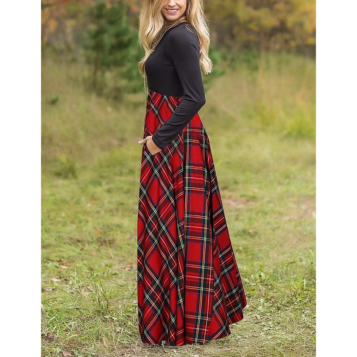 MEROKEETY Women's Plaid Long Sleeve Empire Waist Full Length Maxi Dress, Red#1, Large