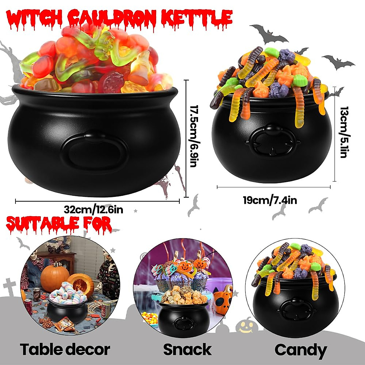 DIYDEC 12.6" and 7.4" Package Halloween Large Cauldron, 2pcs Black Plastic Witch Cauldron Kettle Halloween Pot Candy Holder for Halloween & St. Patrick’s Day Party Favors Decor