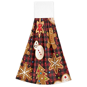 Christmas Gingerbread Cookies Kitchen Hanging Towel 12 x 17 Inch Tree Snowman Hand Tie Towels Set 2 Pcs Tea Bar Dish Cloths Dry Towel Soft Absorbent Durable for Bathroom Laundry Room Decor