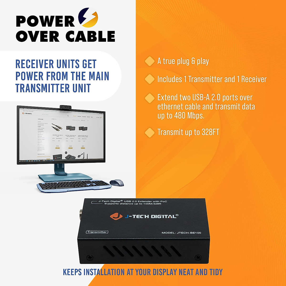 J-Tech Digital USB Over Ethernet Extender USB Balun Over cat5e cat6 99m/328ft PoC, Play and Plug, No Driver Needed, USB2.0 for Game Controller, MAC & PC and USB2.0 Supported Devices [JTECH-BE100]