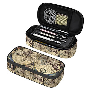 QHWLR Ancient Map World Globe print Pencil Case Large Capacity Pen Pouch for interlayer Adults Cosmetic Bag Supplies ﻿, Black