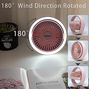 Digibond Pink Desk Fans Small Quiet with Ambient Light/Hook Portable USB Fan 5.3in High Power 3000mAH Rechargeable Battery Operate 3 Speed 180°Rotated Easy Clean