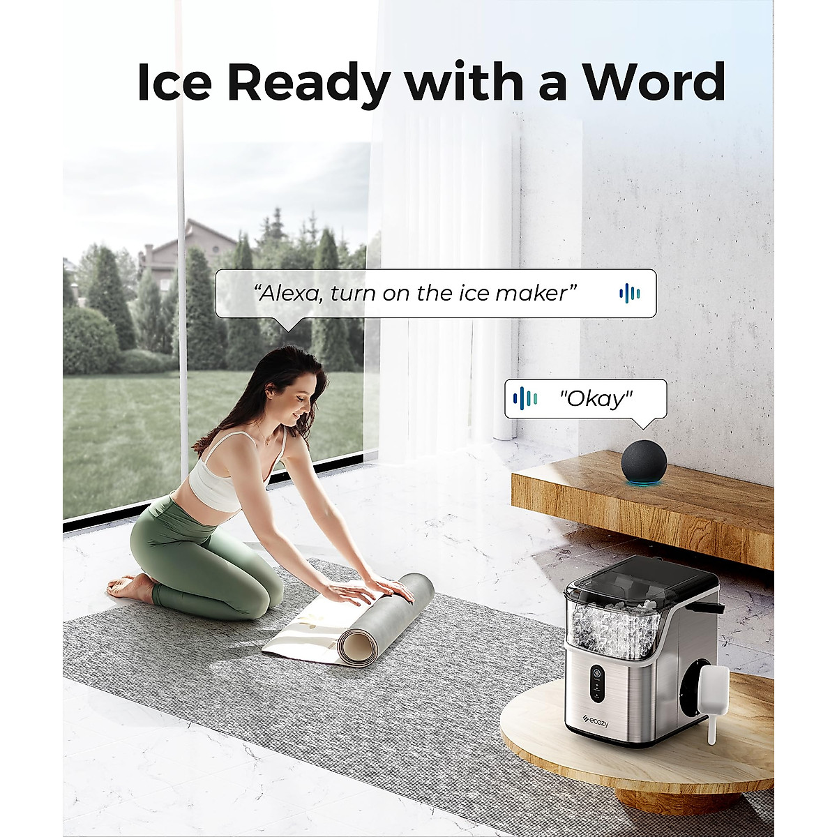 ecozy Smart Nugget Ice Maker Countertop, Pebble Ice Maker with 35lbs/24H Soft Chewable Ice, Self-Cleaning Ice Machine with Voice Control for Home Kitchen Party Bar Office, Stainless Steel