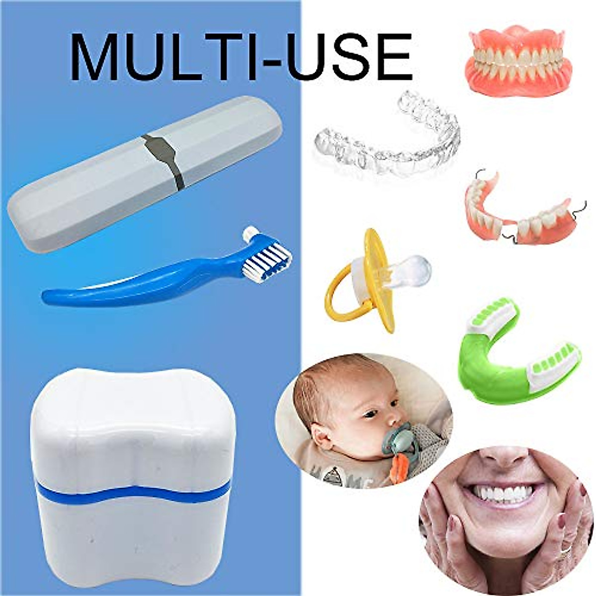 Denture Case Kit, 2 Denture Bath Cups with 2 Denture Brush & 2 Portable Toothbrush Box, Denture Brush Retainer Bath with Lid, Retainer Cleaning Denture Boxes, Toothbrush Kit for Travel