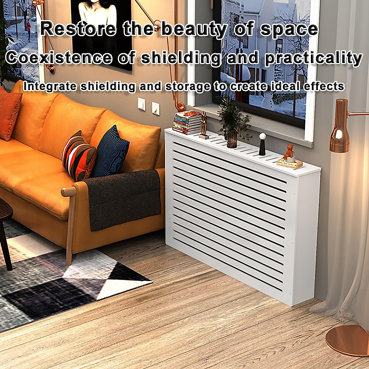 Radiator cover，White Modern Radiator Cover，Heating Cabinet Storage Shelf，MDF radiator covers，Easy to install, good air permeability, strong load-bearing capacity, covers pipes，for living room, bedroom