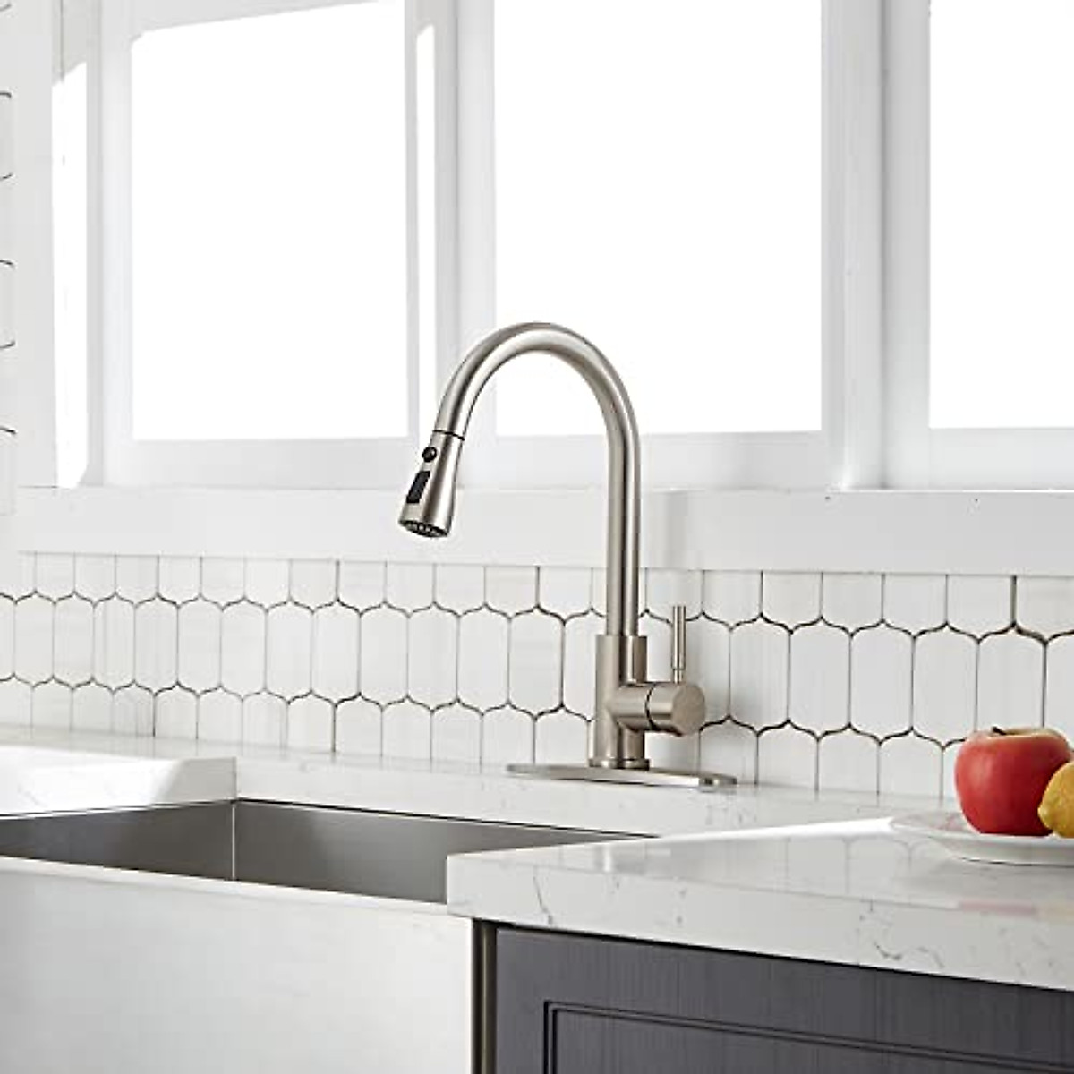 VAPSINT High Arc Single Handle Brushed Nickel Kitchen Faucet with Pull Down Sprayer,Commercial Modern Stainless Steel Kitchen Sink Faucet,Deck Mount Single Hole Pull Out Faucet for Kitchen Sink