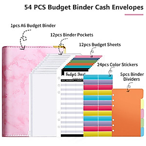 Soomeet Budget Binder, 54Pcs Budget Binder with Zipper Envelopes, Cash Envelopes for Budgeting, Money Organizer for Cash, A6 Budget Planner with Cash Envelopes, Pink