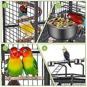 61'' Bird Cage, Large Bird Flight Cages Aviary with Rolling Stand & Bottom Tray, Wrought Iron Birdcage with PlayTop & Rope Bungee Bird Toy for Parakeet, Parrot, Lovebirds, Pigeons, Cockatiels, Macaw