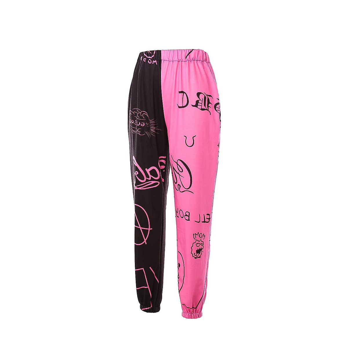 Mylleure Women Printed Baggy Sweatpants Pockets High Waisted Joggers Pants Contrast Color Sporty Workout Athletic Lounge Trousers (B Black + Pink Symbol, M)