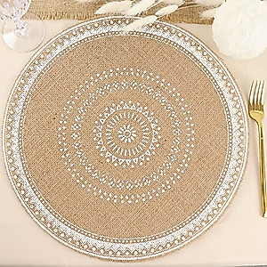 TABLECLOTHSFACTORY 4 Pack | Natural 15" Jute & White Braided Placemats, Rustic Round Woven Burlap Table Mats