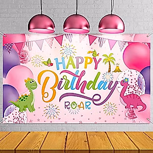 Sumind Dinosaur Happy Birthday Backdrop, Dinosaur Birthday Party Background Boy/Girl Birthday Gaming Banner for Birthday Decoration, Baby Showers and Photo Prop (Pink)