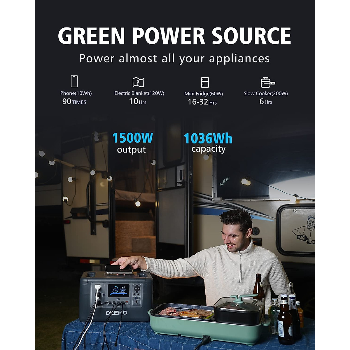 DEENO Portable Power Station X1500, 1036Wh LiFePO4 (LFP) Battery, 1500W(Peak 3000W) Solar Generator (Solar Panel Optional) for Outdoor Camping RVs Home Use Emergency Travel