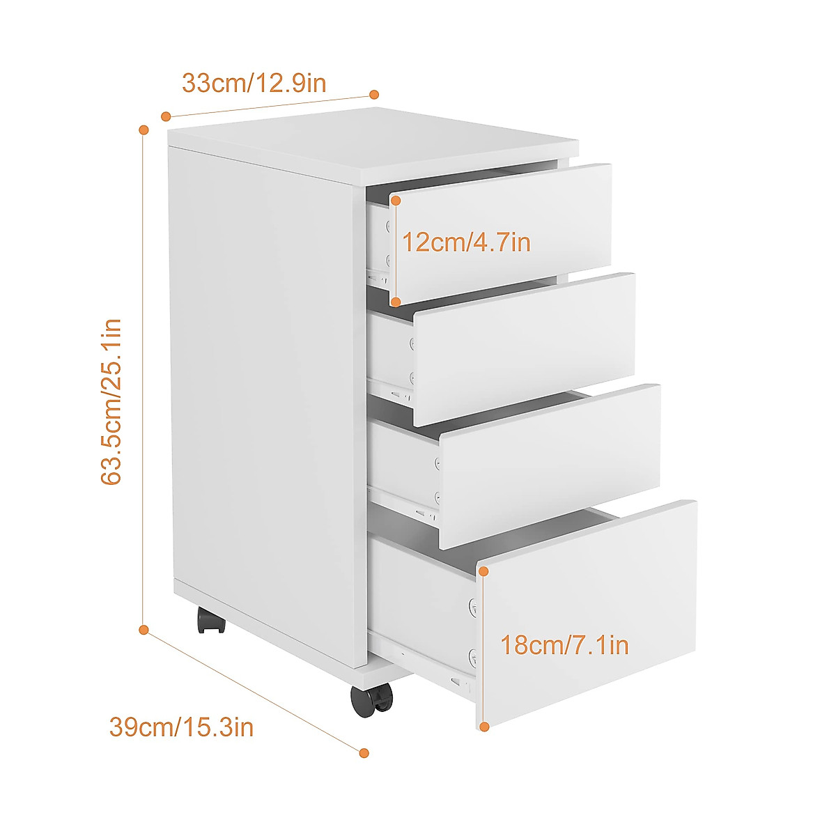 TTVIEW File Cabinet, Mobile Filing Cabinet with Wheels, 4-Drawer Rolling Pedestal Under Desk for A4, Letter Size, File Folders White 12.9x15.3X 25 in