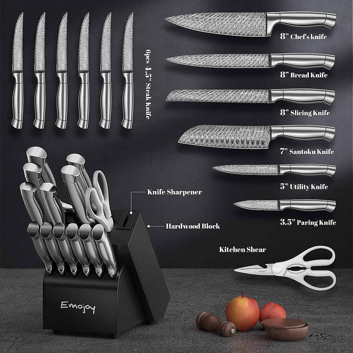 Knife Set,Emojoy 15 Pieces Kitchen Knife Set with block, Knife Block Set with Built-in Sharpener,High Carbon Stainless Steel Sharp Chef Knife Set with Hollow Handle