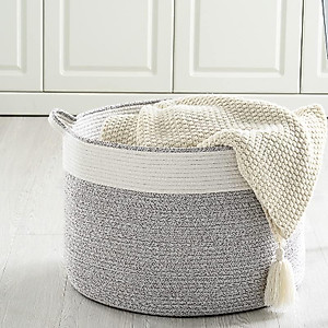 miberte Large Cotton Rope Basket-Throw Blanket Storage Basket 22" x 22" x 14" for Pillows in Living Room Woven Baby Laundry Basket with Handle,Nursery Basket Soft Toy Storage Basket Brown & White