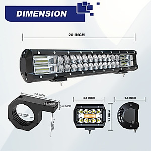 ASLONG 20 Inch LED Light Bar Combo Beam Offroad Driving Light + 2x 4inch White/Amber Yellow LED Pods Strobe Lights + Tube Clamp Mounting Bracket UTV Flag Mount Whip Light Mount w/Wiring for Pickup 4WD