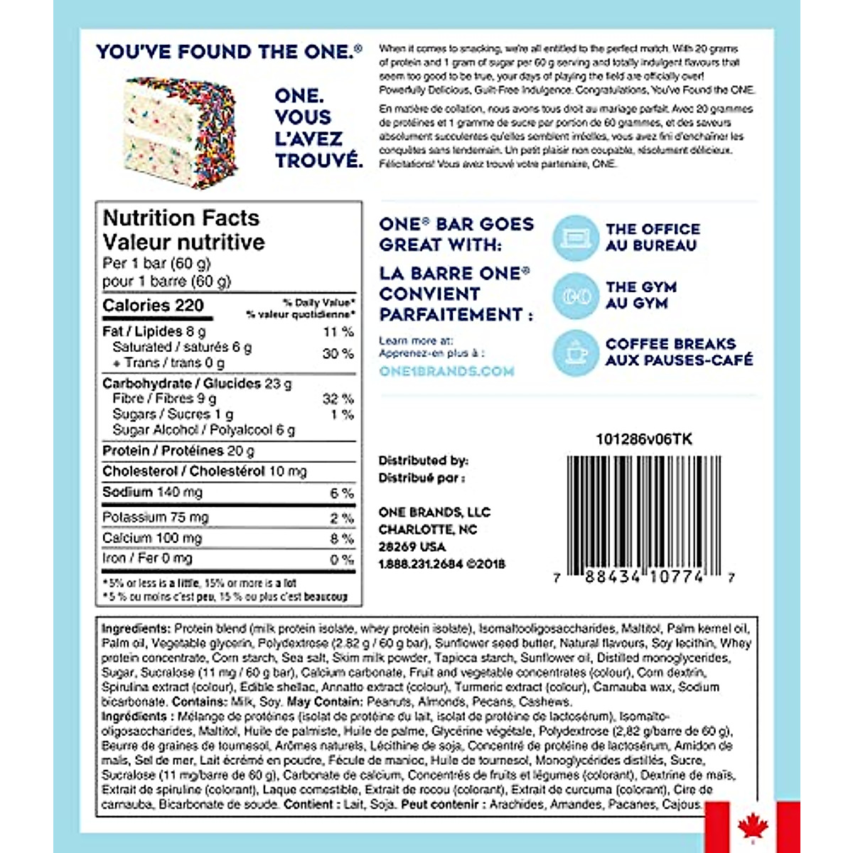 ONE Protein Bars, Birthday Cake, Gluten Free Protein Bars with 20g Protein and only 1g Sugar, Guilt-Free Snacking for High Protein Diets, 2.12 Oz, 12 Count