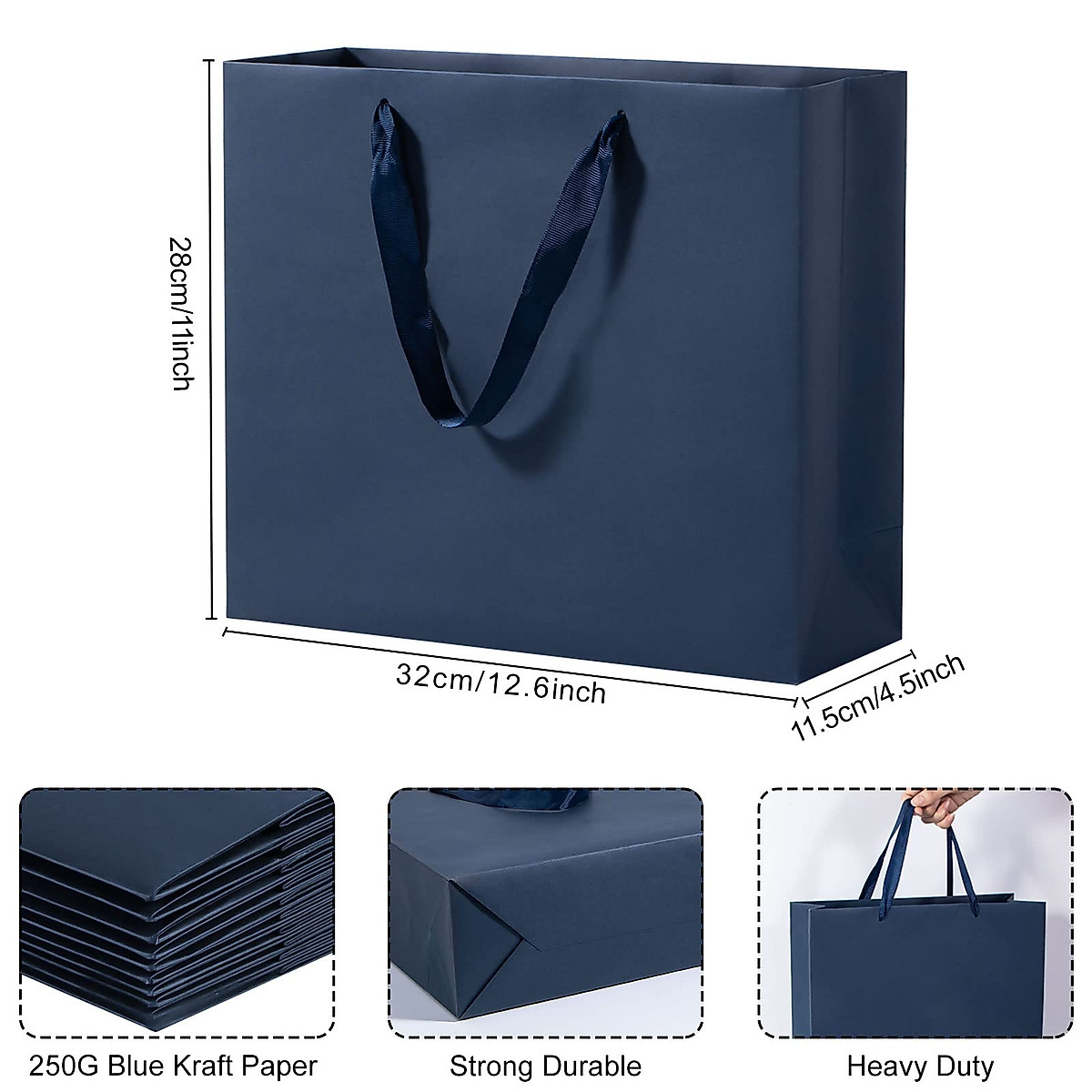 Driew Extra Large Navy Blue Gift Bag, 12 Pcs, 12.6x4.5x11 inches Kraft Paper, Ribbon Handles, Ideal for Wedding, Party, Shopping, DIY