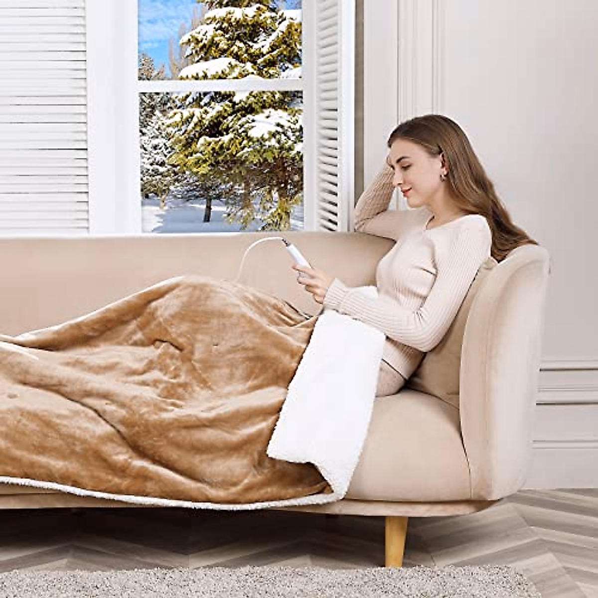 CAROMIO Electric Heated Blanket Throw, 4 Heating Levels & 4 Hours Auto Off, Thick Flannel & Sherpa Reversible Electric Blanket, Fast Heating Blanket Throw with Overheating Protection, Brown 50" x 60"