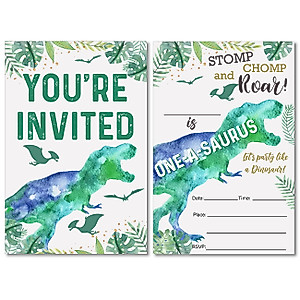 Soiceu Green Dinosaur 1st Birthday Party Invitations with Envelopes Set of 20 One-a-Saurus Dino Dinosaur First Birthday Invites Fill in Blank