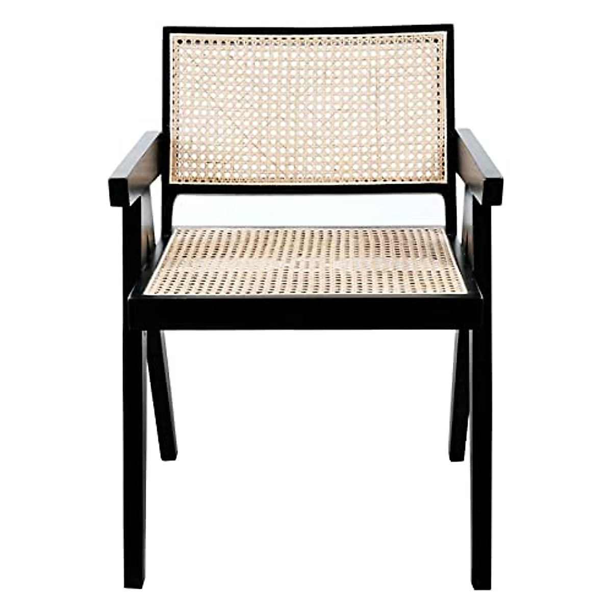 First of a Kind Rattan Cane Dining Chair - Mid-Century Modern Chairs with Mesh Back - Comfy Side Chair with Arms for Dining Room – Farmhouse Wooden Frame Accent Chair for Kitchen - Black