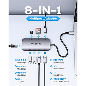 USB C Hub Multiport Adapter, Vilcome 8 in 1 USB C Hub with Gigabit Ethernet, 4K HDMI, 100W PD Charging, USB 3.0 5Gbps Data Ports, SD/TF Card Reader, for MacBook Pro/Air HP Dell Laptop
