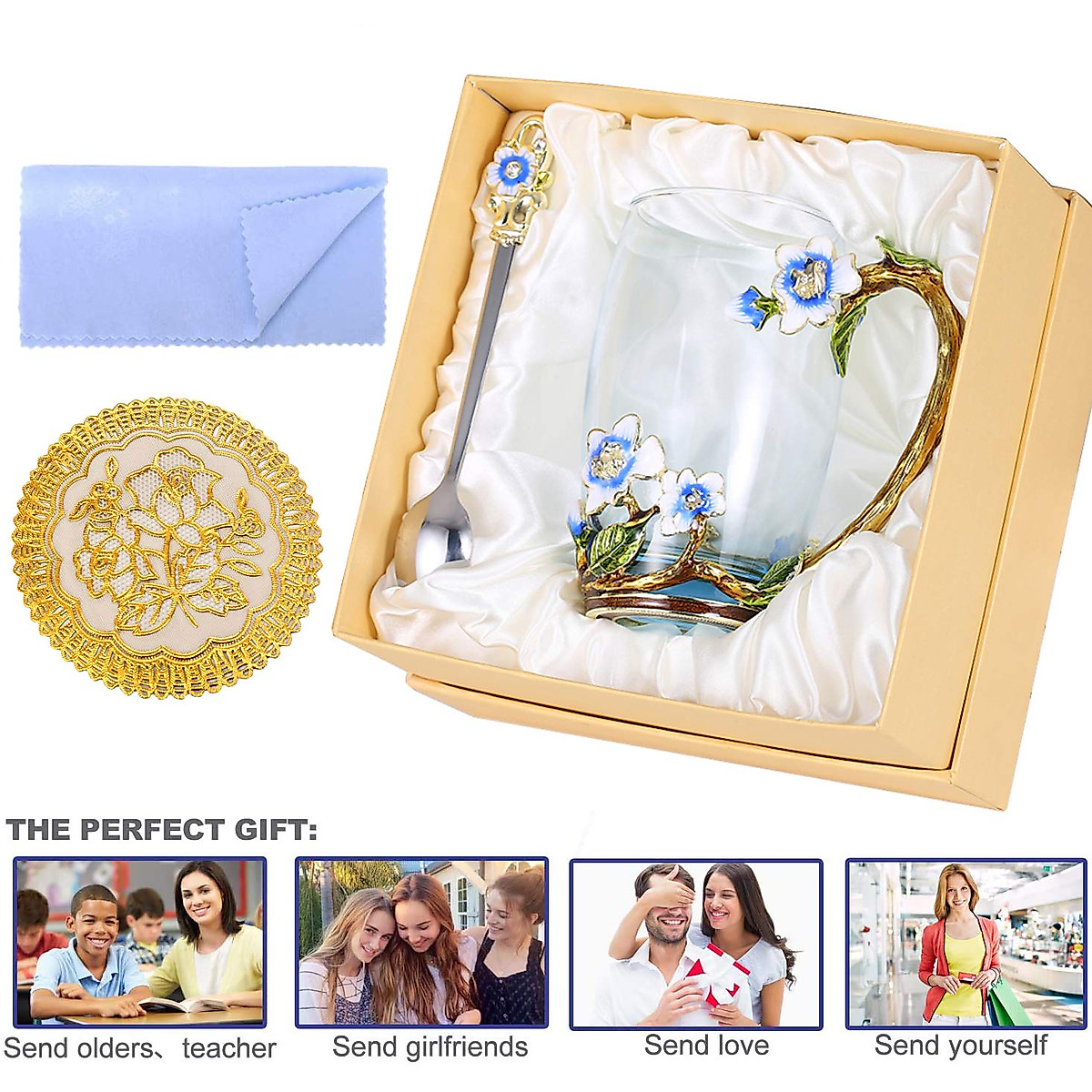 Tea Cup Glass Mug Cups, Mother's Day Gifts, Handmade Enamel Flower Coffee Cup with Spoon Set, Unique Gift Valentine's Birthday Wedding Christmas for Mom Women Grandma Teacher Friend-13 OZ Blue Tall