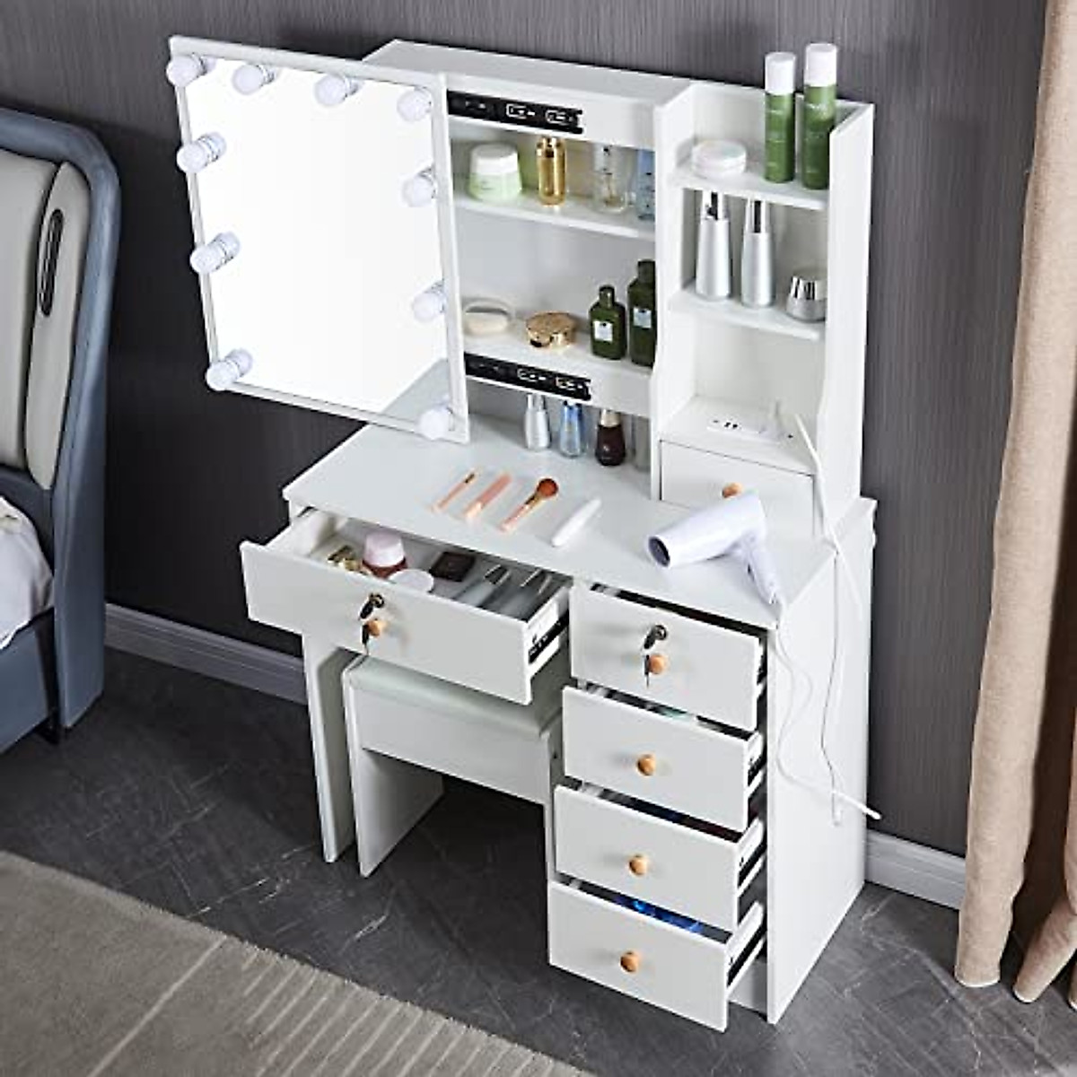 Makeup Vanity Desk with Lights, 3 Lighting Color Modes and Sliding Mirror, White Vanity Set Makeup Dressing Table with 6 Drawers and Multiple Shelves for Women, Girls
