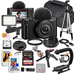 Sony ZV-1F Content Creator's Ultimate Kit: 128GB Extreme Memory, Mic, Video Light, Editing Software U-Grip, and Tripod Bundle (21pc)