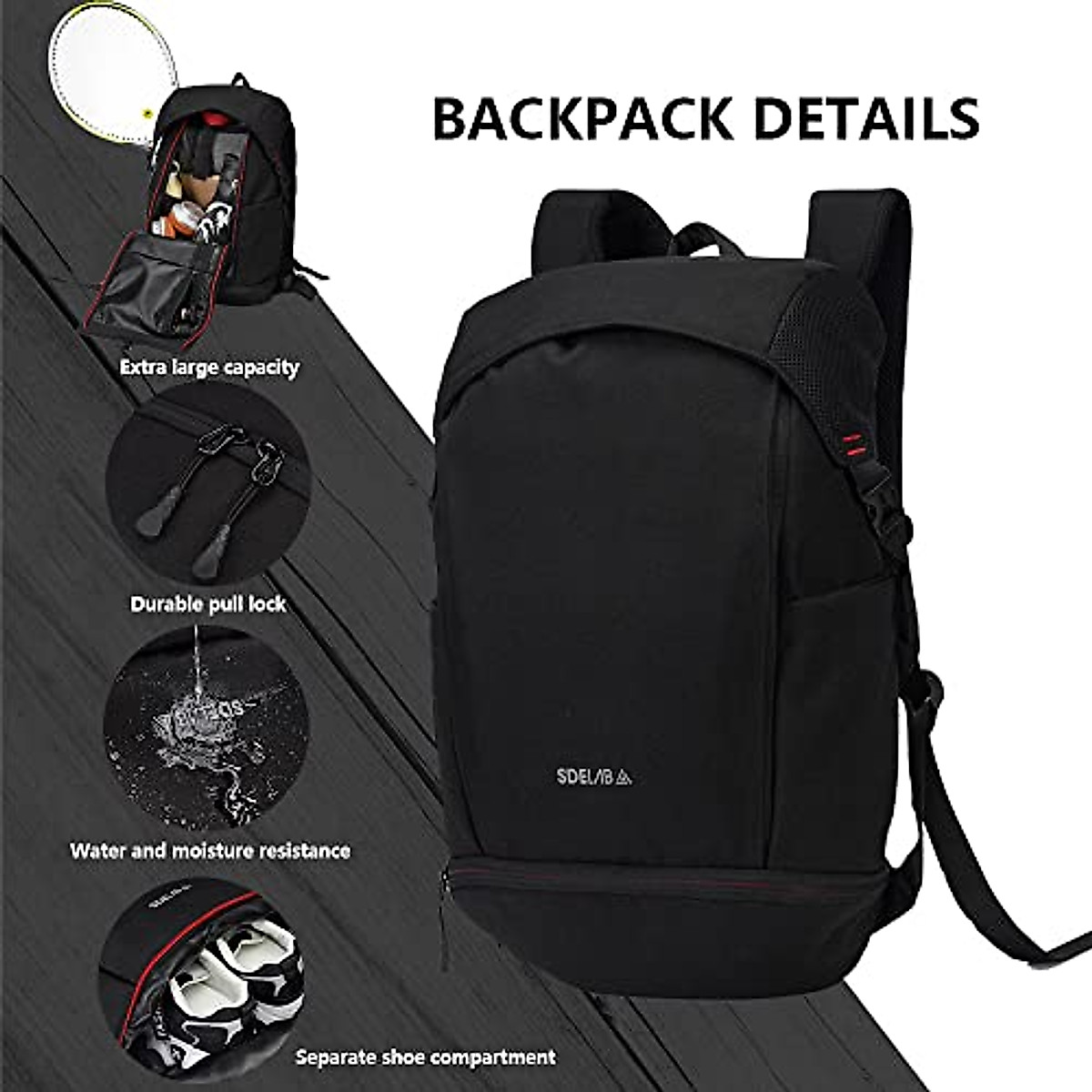 SDELABSub Tennis Sports Bag Backpack for Men Women,25L Lightweight Outdoor Sports Outfitted Backpack with Shoe Compartment for Badminton,Gym,Pickleball Bag or Excursion Camping