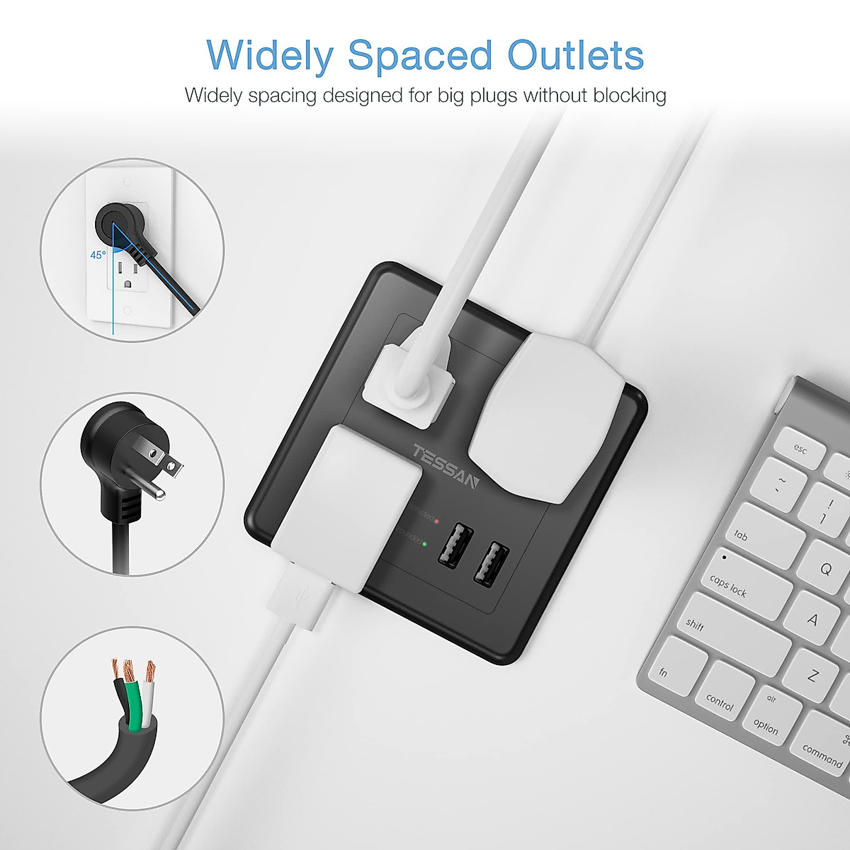 Furniture Recessed Power Strip with 3 AC Outlets 2 USB Ports, TESSAN Flush Mount Outlet with Surge Protector, 5 Ft Desk Surge Protecion Charging Station for Sofa, Table, Cabinet, Conference