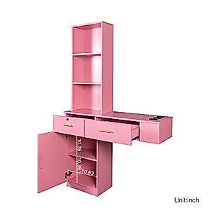 LLS Makeup Dressing Table, Computer Desk Vanity Set Wooden Dresser with 1 Storage Cabinet, 2 Drawers & 3 Open Shelves, Modern Hair Desk Writing Desk Without Mirror for Studio Toilet Barber Shop, Pink