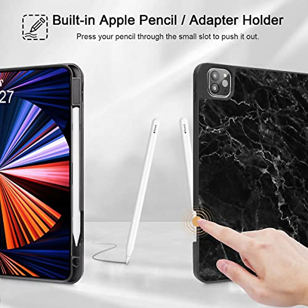 Tuiklol Case for M2 iPad Pro 12.9 inch Generation 6th/5th/4th/3rd 2022 2021 2020 2018 Release - Built in Pencil Holder Slim Protective Stand Back Cover with Auto Wake/Sleep iPad Cover,Marble