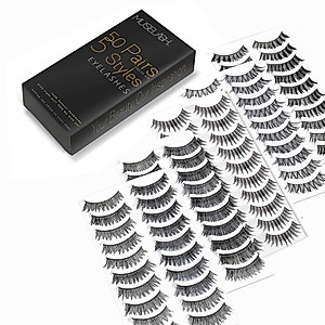 50 Pairs 5 Styles MUSELASH False eyelashes set professional 100% Handmade natural, glamorous, demi wispies, volume multipacks, cotton band, 10 Pairs Eyes Lashes Each