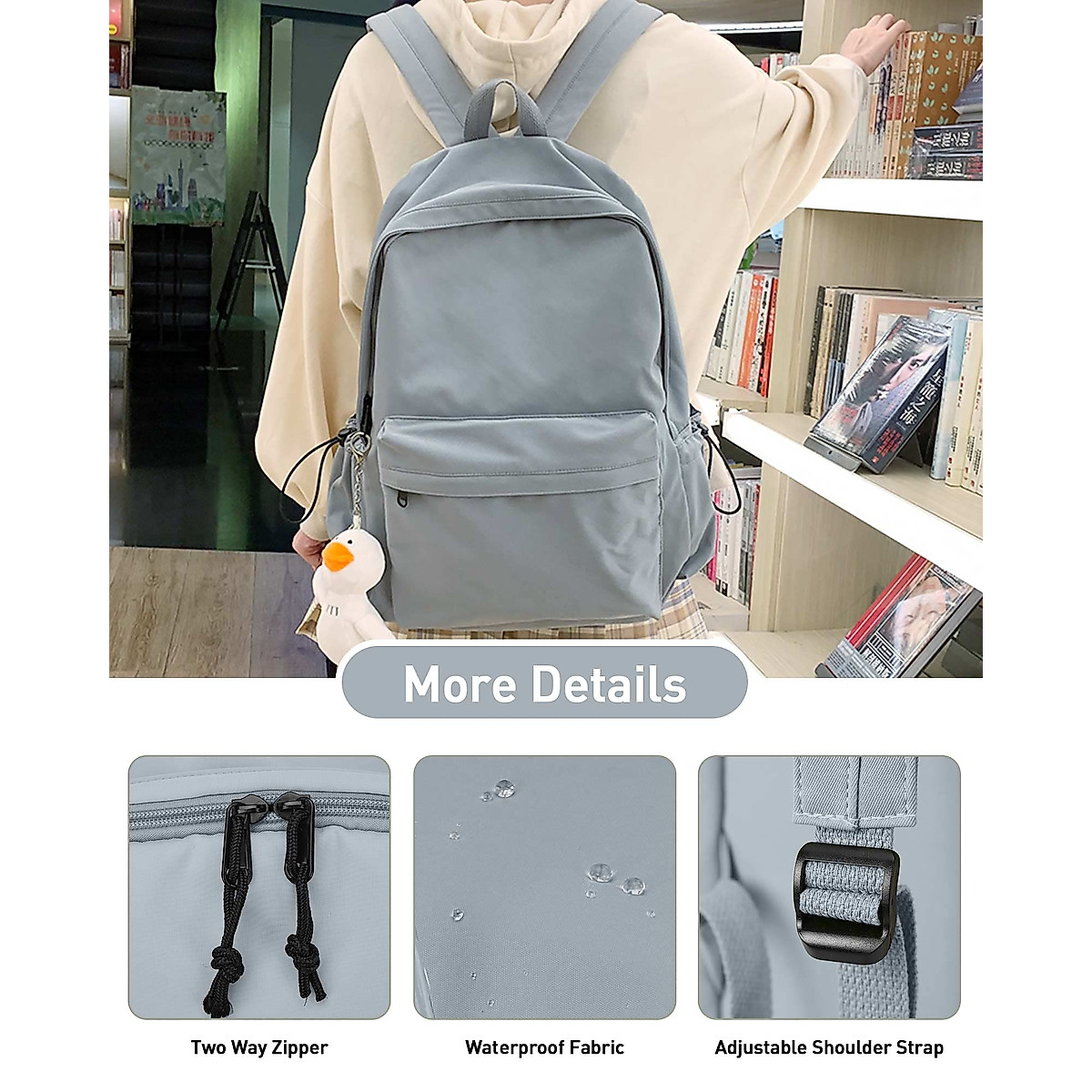 Blue Simple School Backpack for Girls Boys, Waterproof Bookbag for Women Men, College Student School Bag, Lightweight Travel Rucksack Casual Daypack, Laptop Backpacks