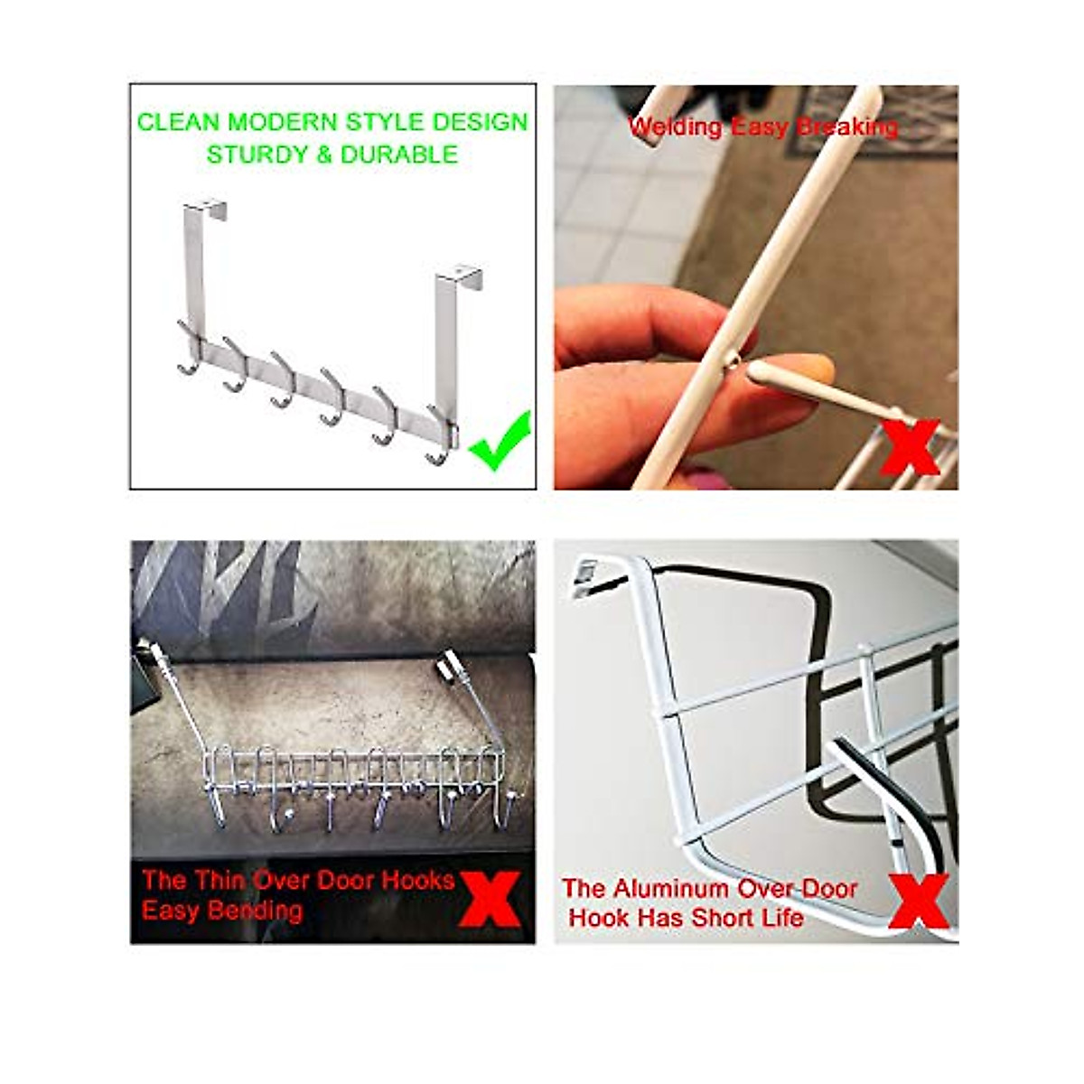 YUMORE Over The Door Hooks, SUS304 Stainless Steel Heavy Duty Door Hanger for Coats Robes Hats Clothes Towels, Hanging Towel Rack Organizer, Easy Install Space Saving Bathroom Hooks, Brushed Finish