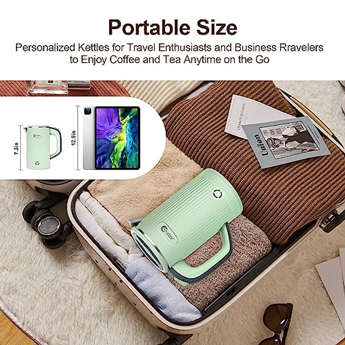EVATEK Small Electric Kettle, 600W Mini Portable Tea Kettle, Travel Stainless Steel Interior Hot Water Boiler, Auto Shut-Off & No Base, Gift for Camping, Office, Student Dormitory