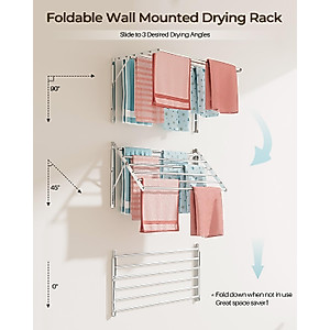 JAUREE Wall Mounted Clothes Drying Rack, Laundry Drying Rack Stainless Steel, Wall Drying Rack Clothing Foldable with 6 Drying Rods, Space Saving Wall Clothes Dryer Rack