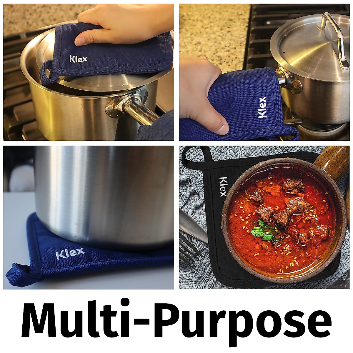 KLEX 4pcs 100% Thick Cotton Potholders for Oven Cooking and Baking, Durable 330GSM Hot Pads, Up to 482°F Degrees Heat Resistance Pot Holder, Heavy-Duty Cotton Canvas, Black