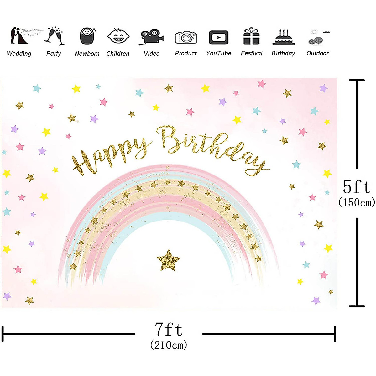 MAYSSKQ Rainbow Birthday Backdrop Colorful Pastel Rainbow Party Background Rainbow of Fun Gold Stars Sprinkle Girl Birthday Backdrops Decorations (7x5ft)