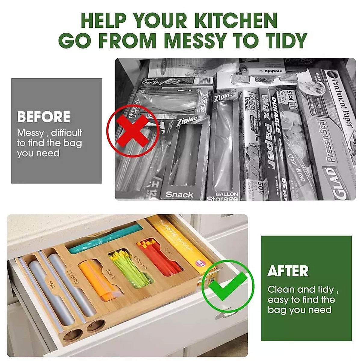 Wall Mount Ziplock Bag + Foil & Plastic Wrap Organizer - Premium Bamboo Organizer for Ziplock Bags, Foil & Plastic Wrap Dispenser | Kitchen Organization & Storage | 12" X 2.125" Standard Rolls only